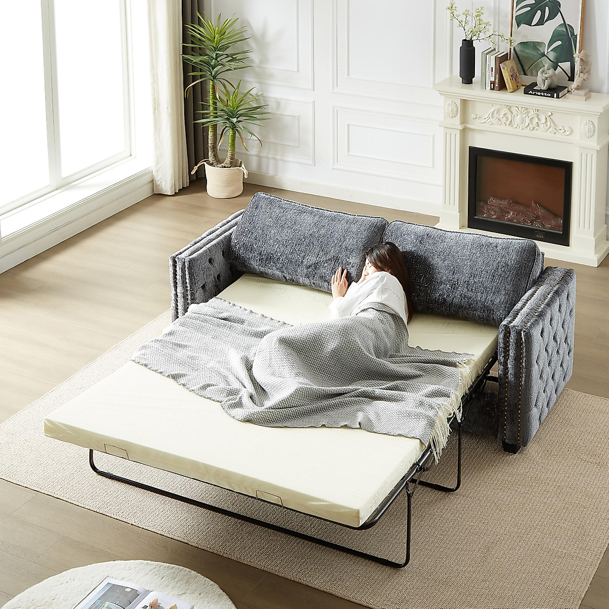 SmartEdge Pull Out Sofa Bed, 2-in-1 Convertible Full Sleeper Sofa Couch with Memory Foam Mattress, Chenille Upholstered Loveseat 3 Seater Full Sofabed Couches for Living Room, Apartment, Grey