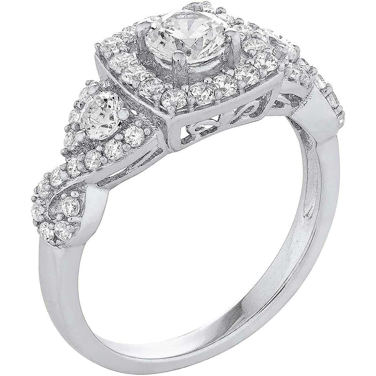 .925 Sterling Silver Round Brilliant Cut Cubic Zirconia Cushion Halo Three Stone Infinity Twist Engagement Ring - Size 7