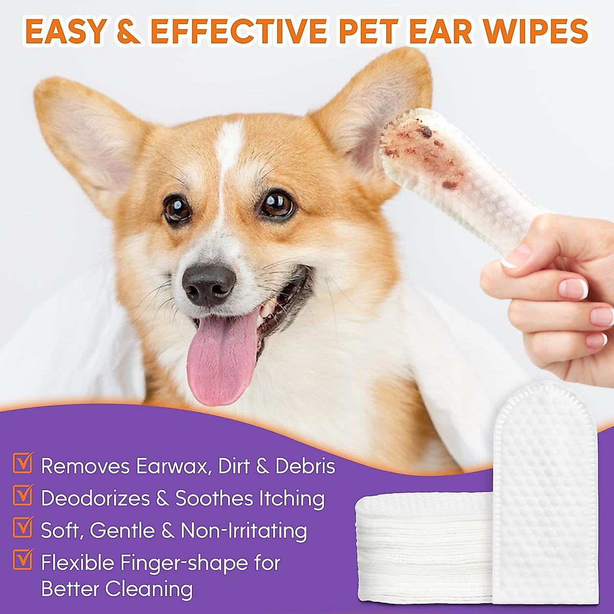 Pjordo Dog Ear Cleaner Kit - Dog Ear Finger Wipes and Ear Cleaner Solution for Dogs and Cats, Gently Remove Ear Wax & Debris, Soothe Ear Itching, Deodorize, Pet Ear Wash with Aloe Vera & Witch Hazel