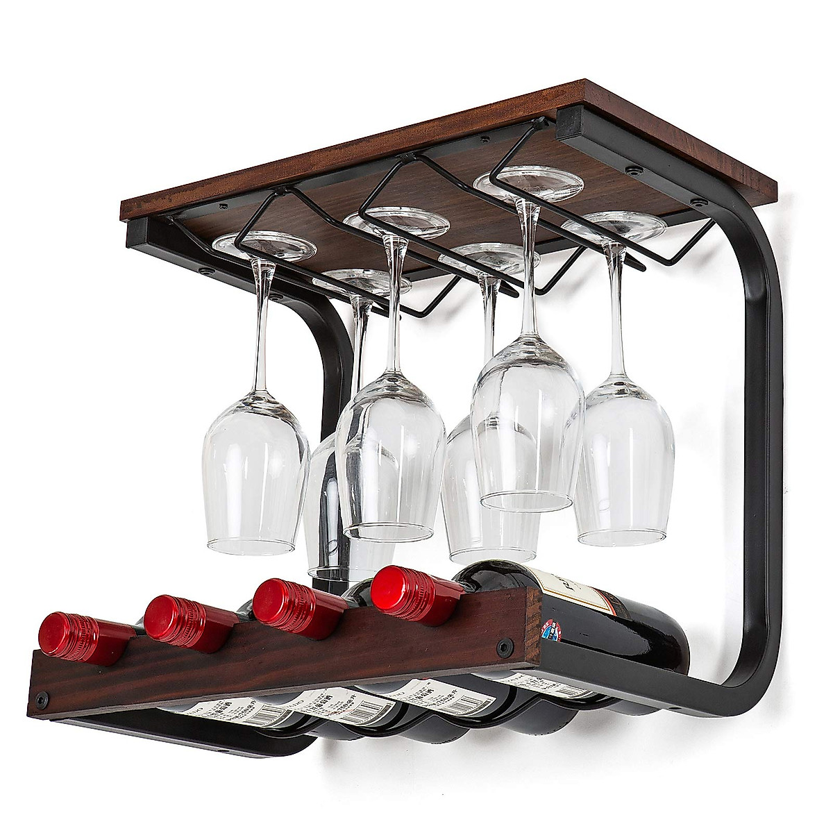 SODUKU Wine Rack Wall Mounted Handmade Metal & Wood Wine Countertop Rack Wine Storage Shelf with 4 Bottle Cages & 6 Long Stem Glass Holder Walnut