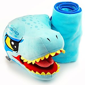 Jurassic World Dinosaur Head Armrest Buddy Stuffed Plush Traveling Toy with Blanket 13” - Kids Ultimate Travel Pillow Companion Set (Blue Raptor)