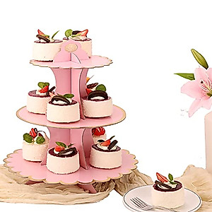 Pink Cardboard Cupcake Stand,2PCS Pink Cup Cake Holder Thick Paper Dessert Tray, 3-Tier Round Serving Tray Perfect for Baby Girls Pink and Gold Birthday Baby Shower Party Supplies