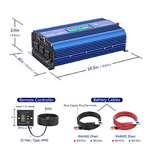 1500W Pure Sine Wave Power Inverter DC 12v to AC 110V-120V with Remote Control LCD Display and 2x2.4A Dual USB Ports 3 AC Outlets for Home RV Truck by VOLTWORKS