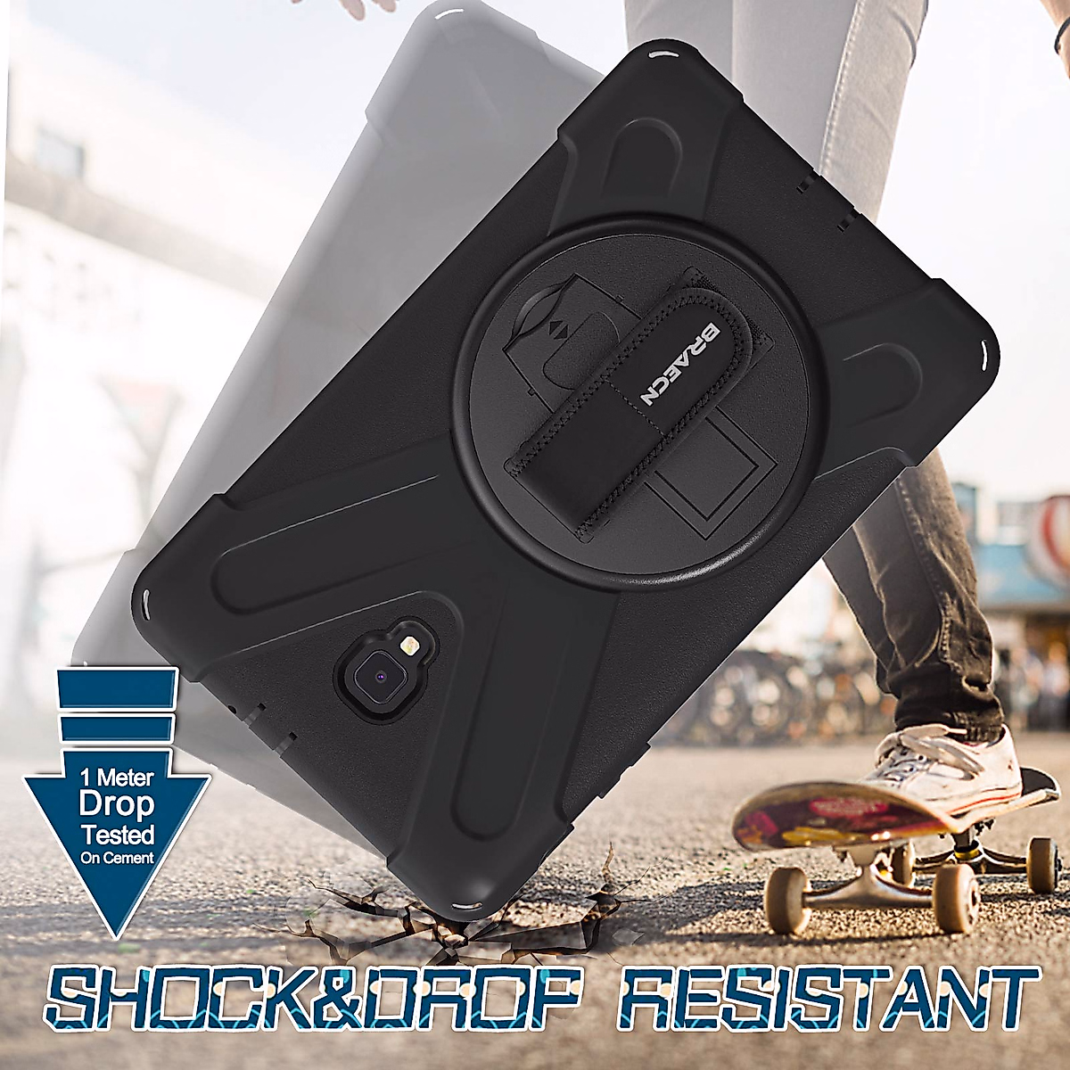 BRAECNstock for Samsung Galaxy Tab A 8.0 2017 Case (SM-T380/T385) Heavy Duty Shockproof Silicone Case with 360° Rotatable Stand&Hand Strap Shoulder Strap Galaxy Tab A SM-T380 Tablet Case Kids - Black