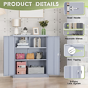 Patiomore 42” Metal Garage Storage Cabinet, Lockable File Cabinets with 2 Doors and 2 Adjustable Shelves, Steel Tool Cabinets with Lock for Office, Home, Gym (Grey)