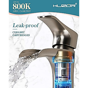 KUZOR Single Hole Bathroom Faucets Brushed Nickel, Waterfall One Hole Bathroom Faucet with Metal Pop Up Drain, Solid Brass Faucet for Bathroom Sink, Brush Nickel