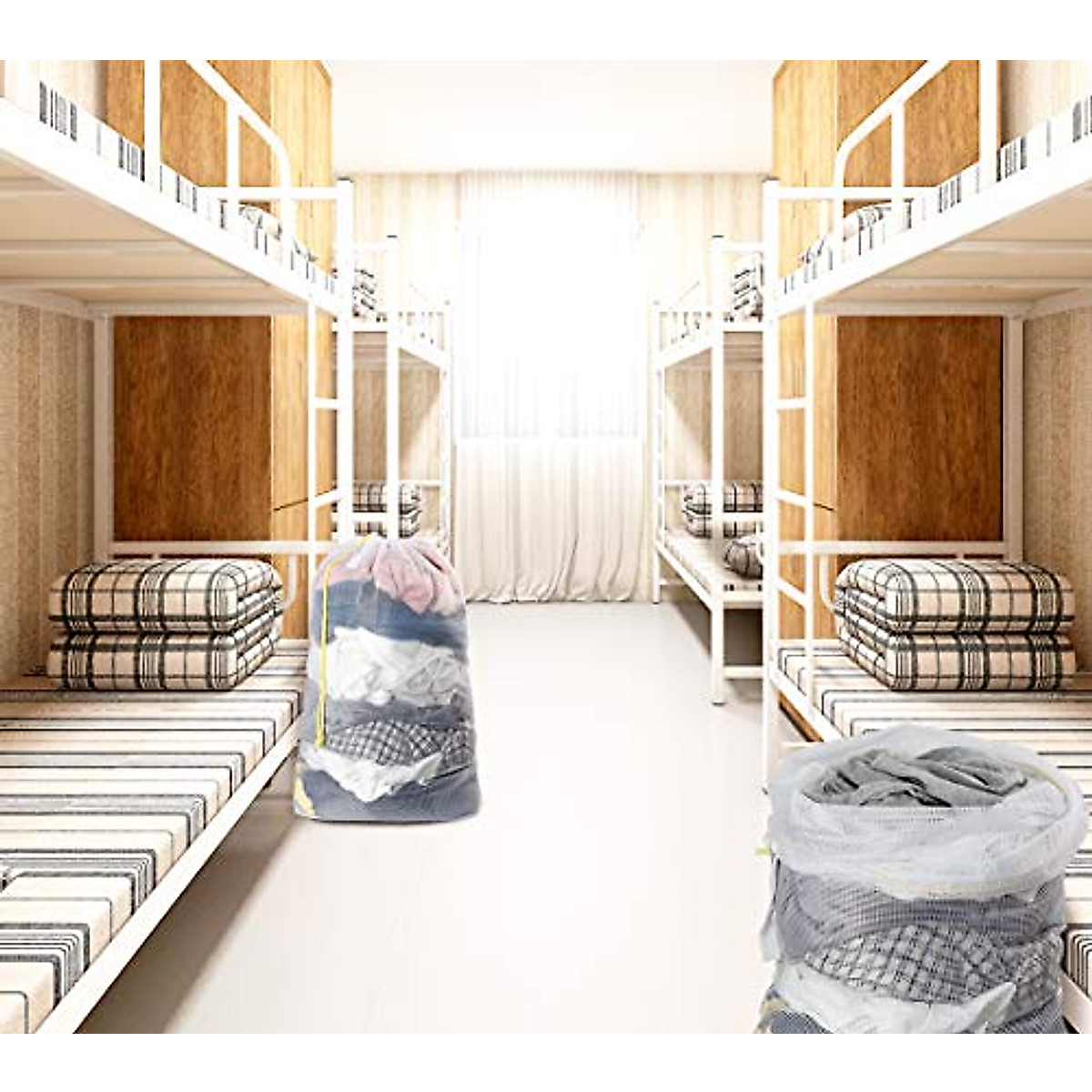 Plusmart Mesh Laundry Bags with Drawstring, 24" x 36" Extra Large Laundry Bags with Staps, for Travel, College Dorm, Apartment, Family, 3 Pack, White, Machine Washable