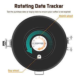 Miscedence Coffee canister for ground coffee with Scoop Date Tracker One Way Co2 Valve 304 Stainless Steel Kitchen Food Airtight storage container for Coffee Beans,Grounds,Tea,Sugar (Silver, 22oz)