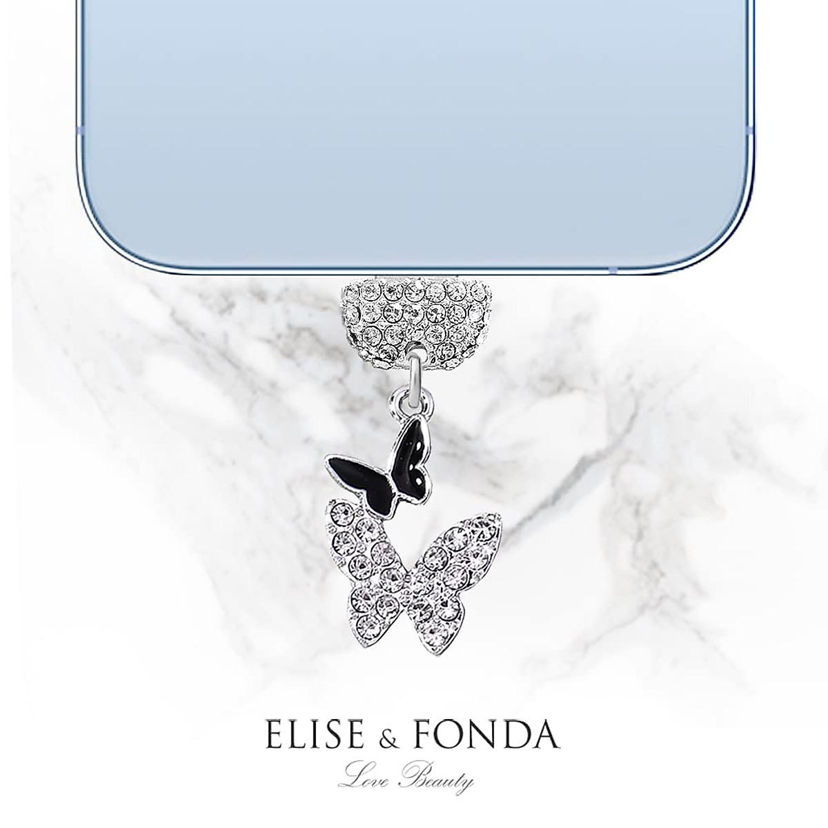 ELISE & FONDA CP553 USB Charging Port Crystal Anti Dust Plug Little Butterfly Phone Charm for iPhone 13/12/11/ XS MAX/XR/X/8 Plus/7/6S/8/SE iPad iPod (Black & White)