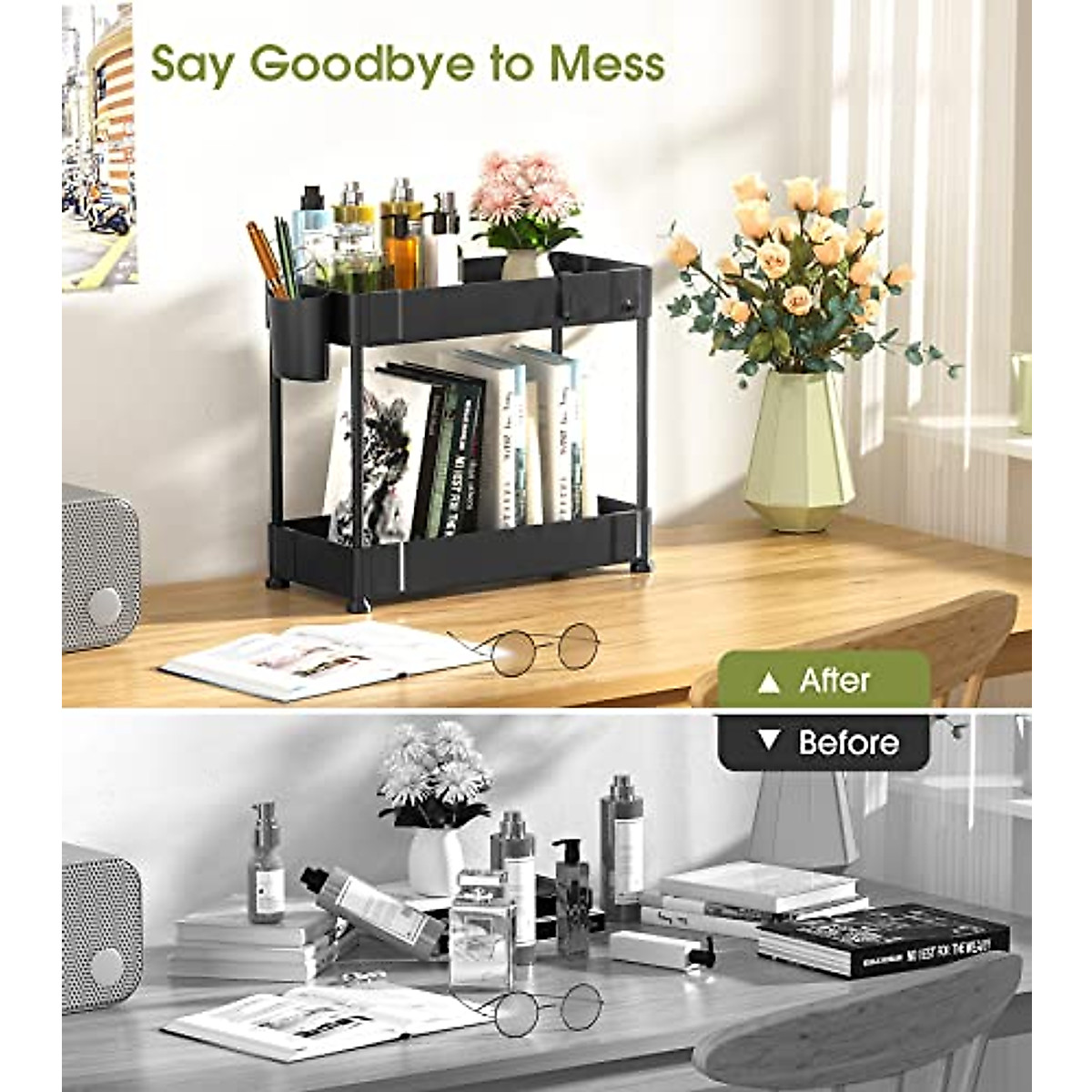 2 Pack Under Sink Organizer, 2 Tier Under Sink Organizers and Storage Bathroom Organizer Countertop, Under Sink Storage Under Cabinet Organizer for Bathroom Kitchen Countertop and Cabinet