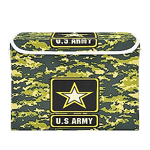 Ollabaky Dark Green Army Camo Larger Collapsible Storage Bin Fabric Decorative Storage Box Cube Organizer Container Baskets with Lid Handles for Closet Organization, Shelves