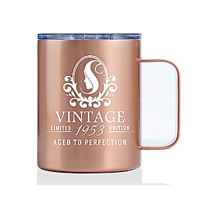 Onebttl 71th Birthday Gifts for Women, 1953 Birthday Gifts, Vintage 1953 Age to Perfection, 71th Birthday, 12oz Insulated Stainless Steel Wine Tumbler, Rose Gold
