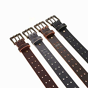 Men’s Classic Leather Belt, Double Prong Retro Style, Antique Brass Buckle, 1 ½” Width, Amish handmade in the USA (Vintage Brown, 34")