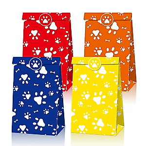 Esweny 12PCS Puppy Dog Paw Print Bone Gift Bags Supplies Doggie Theme Birthday Party Decorations Supplies Favors Goodie Candy Treat Bags with 18PCS Stickers