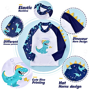 WAWSAM Toddler Dinosaur Swimsuit Kids Bathing Suit Dinosaur Boys Rash Guard with Hat Quick Dry Long Sleeve Swimwear Infant Swim Truck Rashguard Set for Swimming Beach Pool Vacation