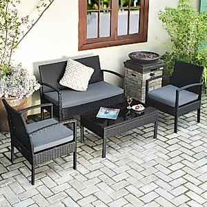 Toolsempire Outdoor Conversation Set 4 Pieces Patio Furniture, Wicker Patio Chair Sofa Set with Water-Resistant Gray Cushion & Tempered Glass Table for Backyard, Balcony, Porch(Black)