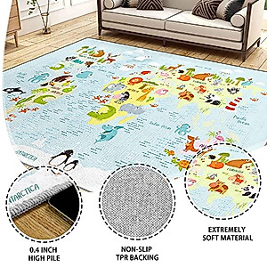 Kids Area Rug World Map Cute Animal Rugs Educational Floor Carpet for Boy Girl Machine Washable Area Rugs for Living Room, Bedroom, Playroom,8' x 10', Blue