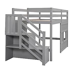 Low Loft Bed with Stairs, Twin Size Storage Loft Bed Frame with Staircase and Window, Wood Kids Loft Bed with Steps for Boys Girls Teens, Gray