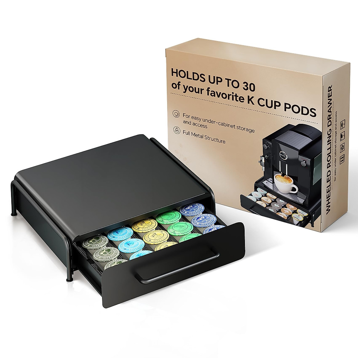 K Cup Holder(Gift Box), Smooth Sliding with Wheels Coffee Pod Holder Saving Space, Sturdy Metal K Cup Organizer Coffee Pot Storage Pull Out Drawer Load-Bearing 100 LBS, Birthday & Holiday Gifts