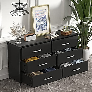 IKENO 6 Drawer Double Dresser, Industrial Wood Dresser for Bedroom, Sturdy Steel Frame…