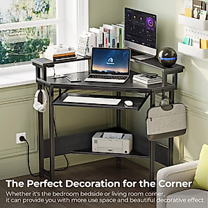 Rolanstar Corner Desk, 44.5" W x 34.5" H Small Computer Desk with Power Outlets, Gaming Desk with LED Lights, Triangle corner desk with Keyboard Tray & Monitor Stand for Small Space, Black