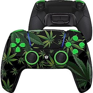 HEXGAMING ULTIMATE 4 Mappable Back Buttons & Replaceable Thumbsticks & Hair Trigger Black Rubberized Grip Compatible with ps5 Pro Custom Controller PC Wireless FPS eSport Gampad - Green Leaves