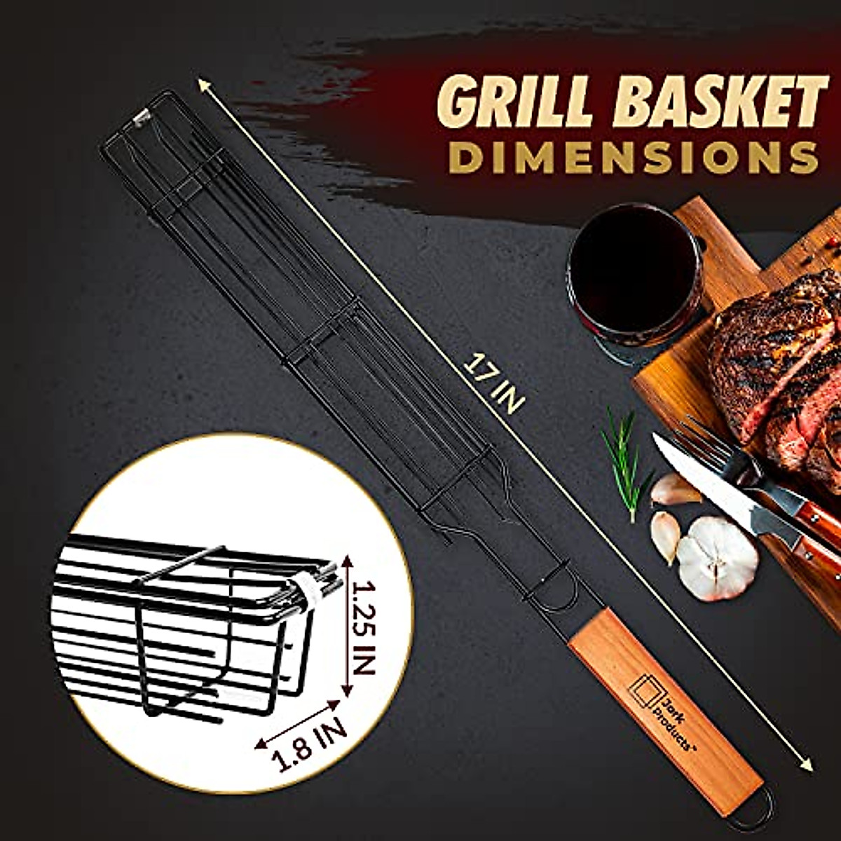 Jork Products Kebab Grilling Basket Nonstick Steel with Wood Handle, 4 x 4 pack, Includes Stainless Steel Kebab Skewers