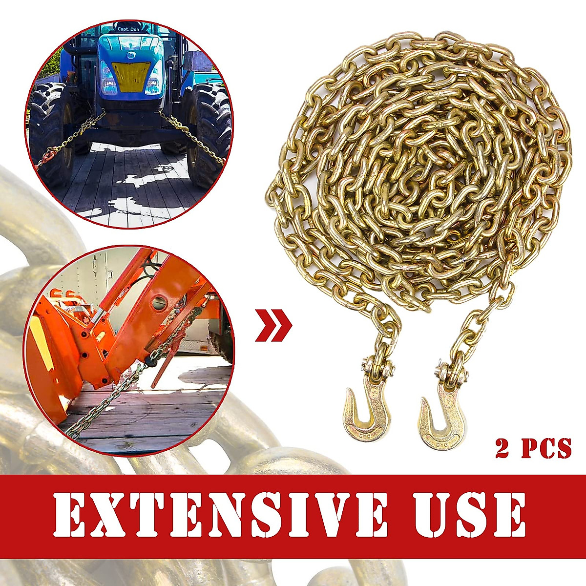 EASYBERG 2 Grade 70 3/8" x 20' Transport Chain Tie Down Binder Chain with Grab Hooks