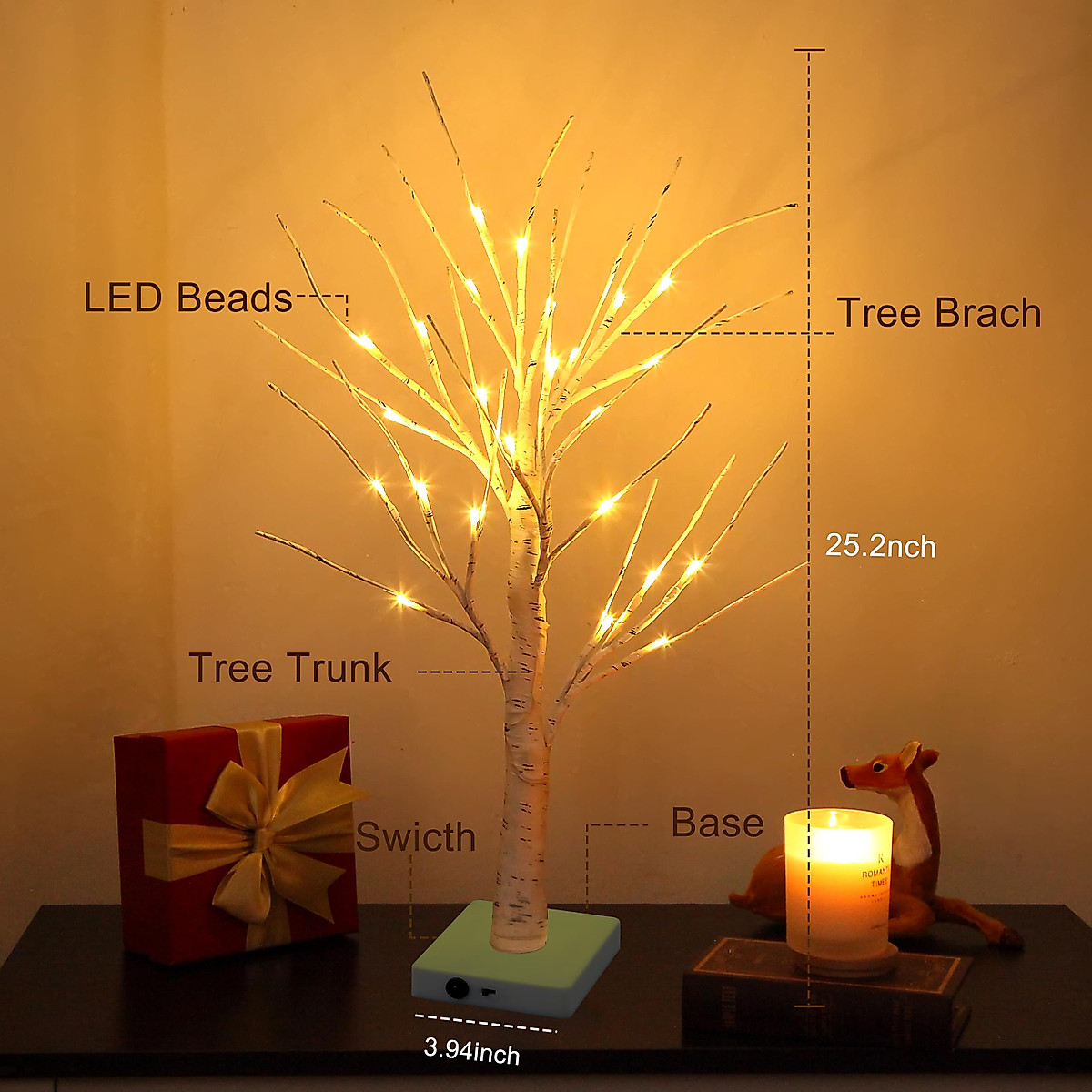 Set of 2 Warm White Birch Tree Light with Battery or USB Powered 24 LED fairy light spirit tree Tabletop twinkling tree Light Decor for Home Party Bedroom Wedding Thanksgiving Christmas Decoration