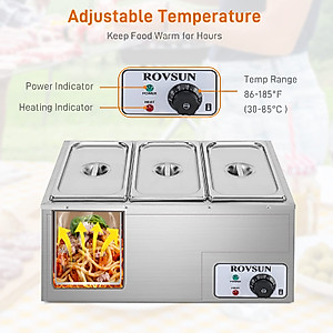 ROVSUN 21QT Electric Commercial Food Warmer, 3-Pan Steam Table 6.9 QT/Pan Stainless Steel Bain Marie Buffet Countertop with Temperature Control & Lid for Parties, Catering, Restaurants 110V