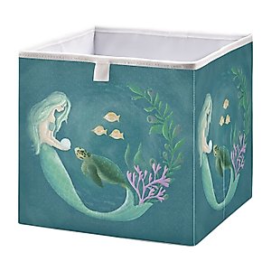 Emelivor Mermaid Turtle Cube Storage Bin Foldable Storage Cubes Waterproof Toy Basket for Cube Organizer Bins for Nursery Toys Kids Books Closet Shelf Office - 11.02x11.02x11.02 IN
