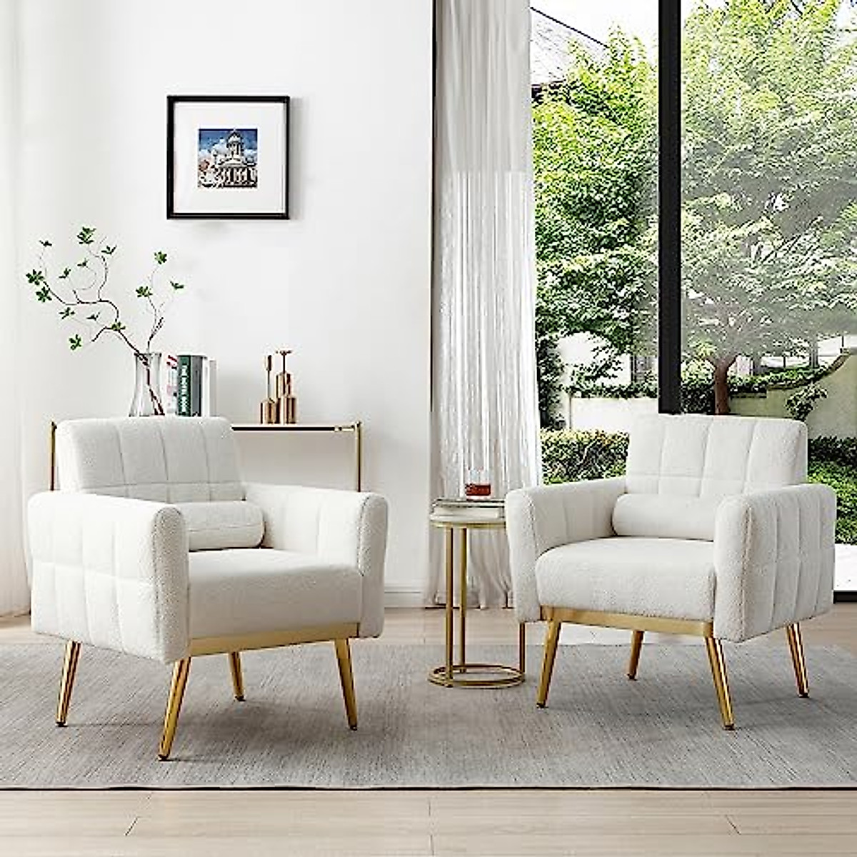 ODUSE-DAILY White Modern Accent Chairs for Living Room, Beige Teddy Fabric Arm Chair, Ivory Cream Single Sofa Chair Couch, Gold Metal Legs, for Living Room Bedroom Office Leisure (1Pcs, White)