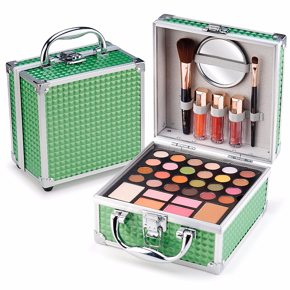 Color Nymph Beginner Makeup Kit For Teens With The Small Cosmetic Train Case Included 24-Colors Eyeshadow Palette Blushes Bronzer Highlighter Lipstick Brushes Mirror(Green)