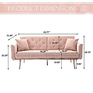 Convertible Velvet Futon Sofa Bed, Upholstered Loveseat Sleeper Couch with 3 Reclining Angles and 2 Pillows, Modern Living Room Sofa Couch with 5 Solid Metal Legs for Guest Room, Office, Pink