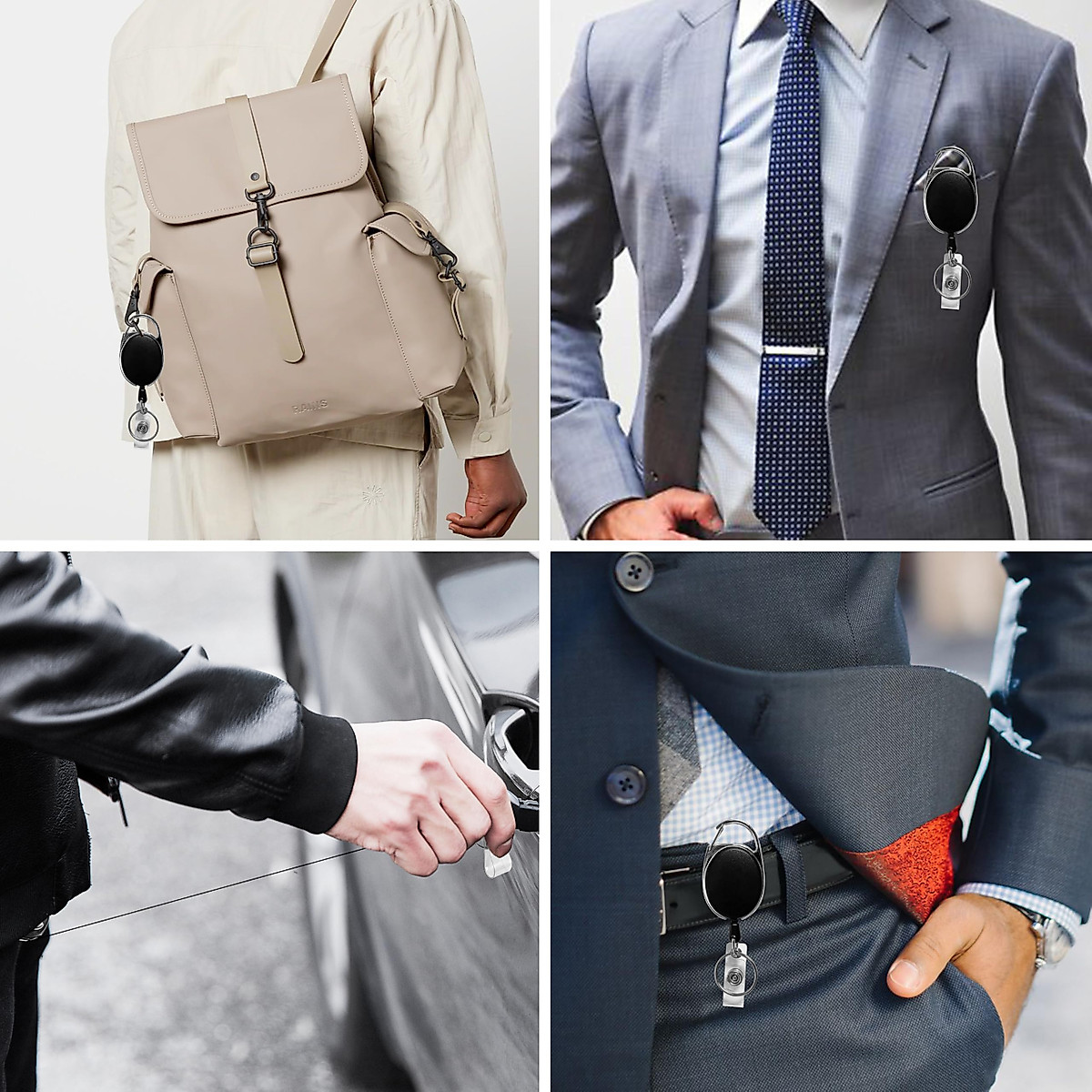 20 Pack Retractable Badge Holder with Carabiner Reel Clip, Bulk ID Card Key Holder with Ring, Heavy Duty Black Key Chain Extender for Office Work Employee