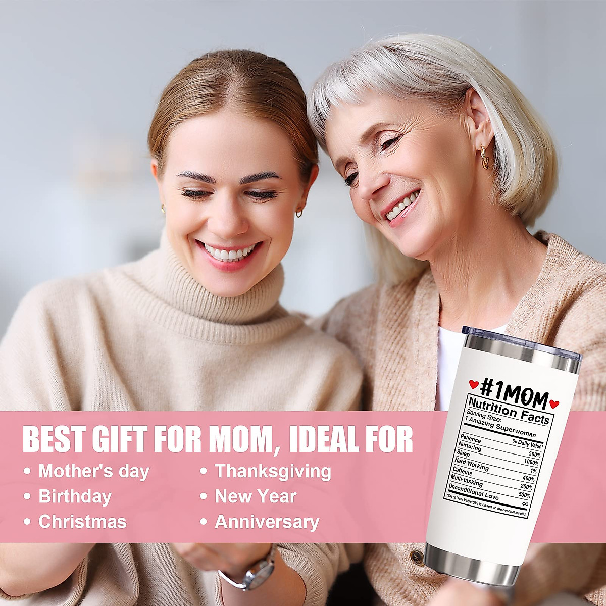 Fimibuke Gifts for Mom from Daughter, Son - 20 OZ Tumbler Mothers Day Gifts for Mom, Mother-in-Law, Wife, Women - Nutrition Facts Insulated Cups Funny Birthday Presents Boxed Gifts from Kids Husband