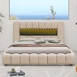 HAUSHECK Upholstered Bed Frame Queen Size with Large Underneath Storage, LED Headboard and USB Ports, Queen Floor Bed Frame w/Wooden Slats Support, Modern Platform Bed No Box Spring Needed