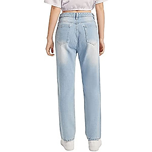 SweatyRocks Teen Girl's High Waisted Straight Leg Ripped Jeans Washed Denim Pants with Pockets Light Wash 12-13Y