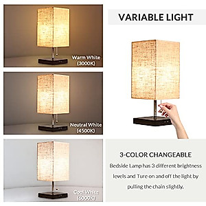 USB Bedside Table Lamp, Siljoy Minimalist Nightstand Lamp Small Lamp Modern Desk Lamp with 2 Double USB Fast Charging Port and Square Fabric Linen Lamp Shade, for Bedrooms Study Living Room, M