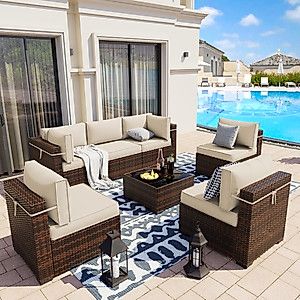 UDPATIO Patio Furniture Sets, Modular Rattan Outdoor Patio Sectional Furniture Sofa Set, Wicker Patio Conversation Set for Backyard, Deck w/Glass Table, 7PC Brown/Cream (Include Sofa Cover)