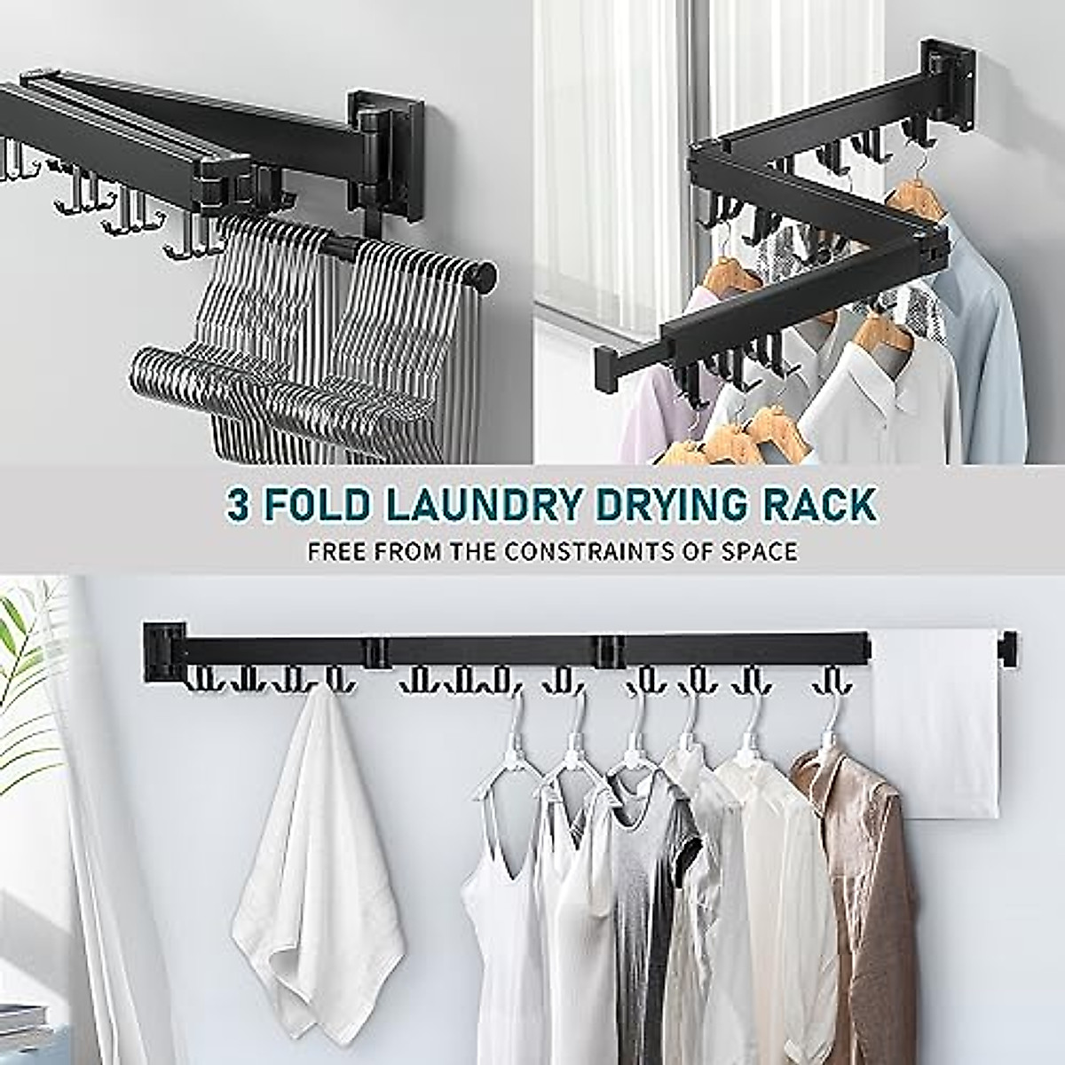 Augot Clothes Drying Rack, Tri-Fold Laundry Drying Rack Wall Mount, Retractable Clothes Hanger Rack Space-Saver, Collapsible Laundry Drying Rack for Laundry, Balcony, Bedroom-User Friendly & Durable