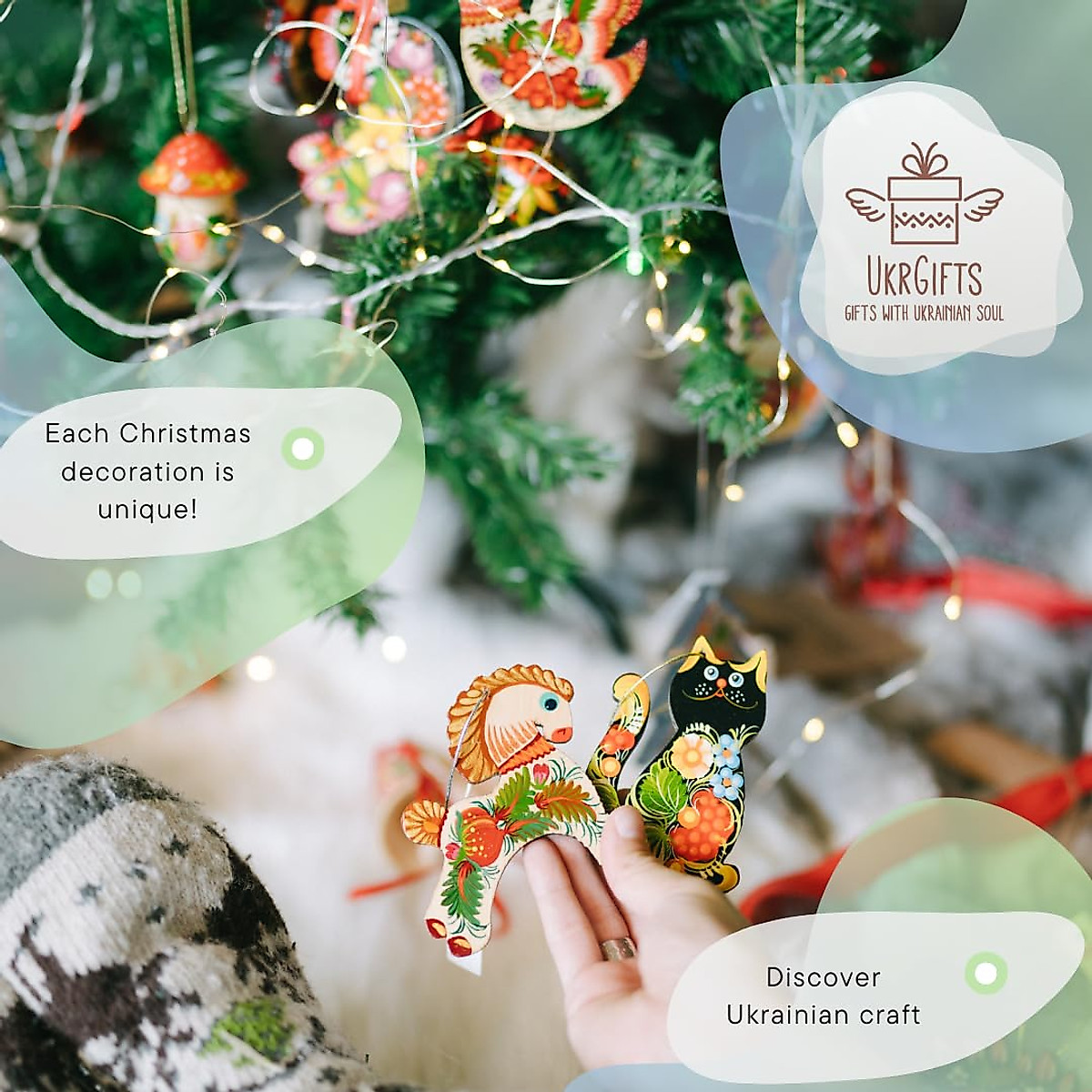 Funny Pets Christmas Decorations Cat and Dog Christmas Tree Ornaments Set 2 pcs Wooden Hand-Painted 3.3 x 2.8 x 0,2 inches. Children Animal Christmas Tree Ornaments Ukrainian Folk Art (Blue)