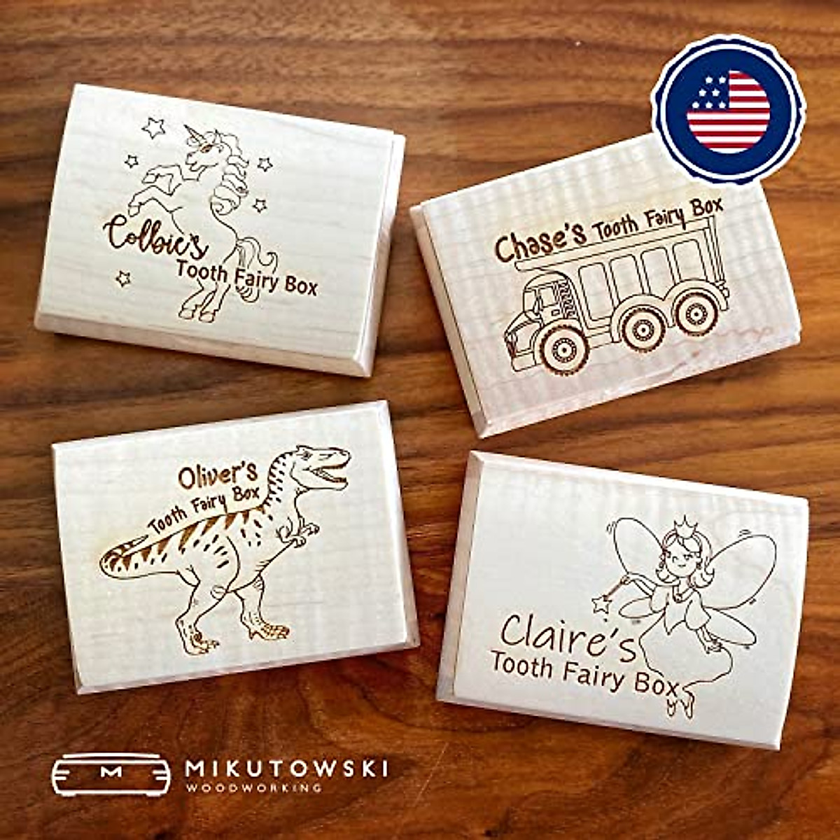 Mikutowski Woodworking Name Customized Tooth Fairy Box for Boys and Girls - Made in USA Customized Baby Teeth Keepsake Wooden Holder for Kids Tooth - Shower Birthday Gift Idea (TFB-01)