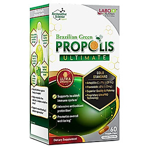 LABO Nutrition Brazilian Green Propolis Ultimate - Contains >7% or 28mg per Serving Artepillin C & >5% Flavonoids, for Immune & Brain Support, Natural, High Concentrate & Premium, 60 Veg Capsules