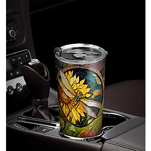 ORCAE 20oz Yellow Stained Glass Sunflower Dragonfly Tumbler, Gifts for Dragonfly Lovers, Coffee Thermos for Women, Stainless Steel Double Wall Vacuum Insulated Coffee Mug, Travel Cup with Lid - F