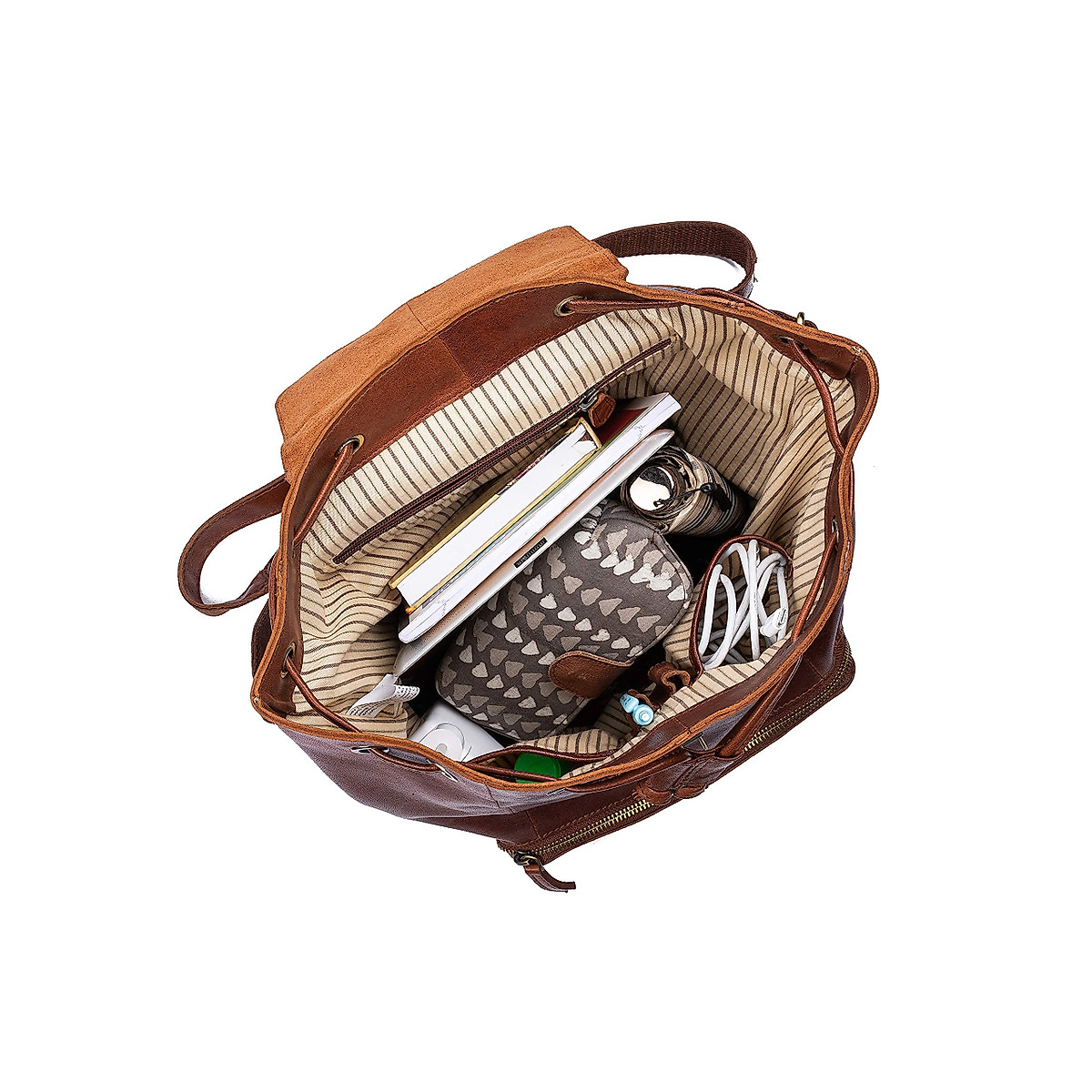 Zinda Genuine Leathers Unisex Backpack Drawstring Satchel Flap Over Book Bag Multiple Pockets Travel Bag (Cognac)