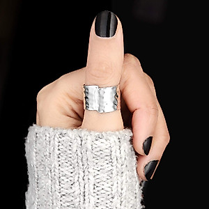 Boho-Magic 925 Sterling Silver Band Ring for Women Plain Thumb Wide Cuff Hammered Adjustable (7)