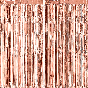 ASTARON 2Pcs Rose Gold Foil Fringe Curtains Shiny Metallic Fringe for Baby Shower Party Birthday Party Decoration