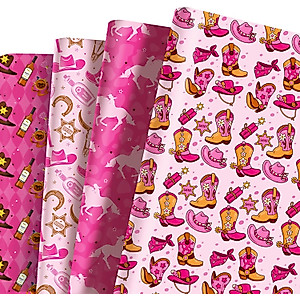 12 Sheets Western Cowgirl Gift Wrapping Paper,Wild West Cowgirl Style Wrapping Paper For Kids Girl's Birthday Party DIY Gift Packing,Cowgirl Birthday Party Favor,20 x 27 Inch