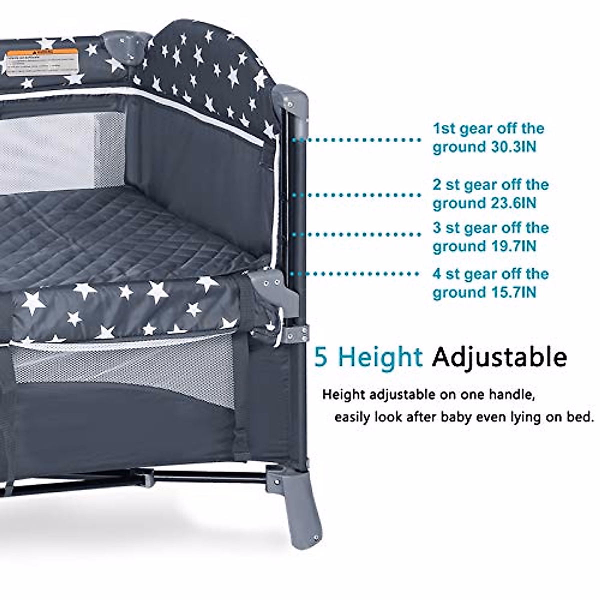 Heyo.Ja Portable Baby Playard, 4 in 1 Convertible Pack and Play with Bassinet, Nursery Center with Comfortable Mattress, 5 Height Adjustable Bedside Crib (Grey)